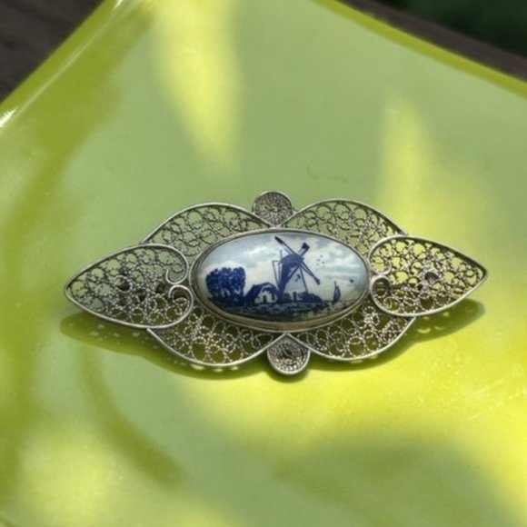 Vintage | Jewelry | Vtg Delft Porcelain Filigree Silver Holland ...
